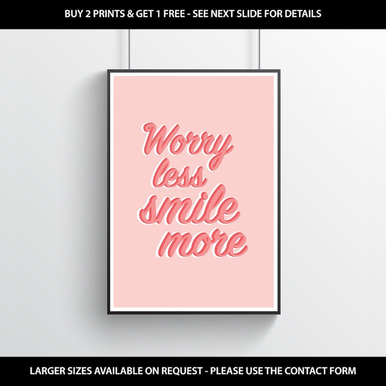 Worry Less Smile More Wall Print Quote Pink Poster - Etsy UK