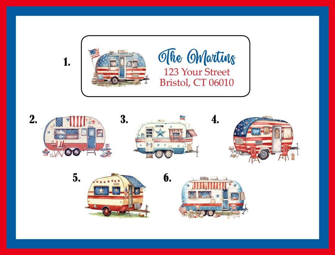 Personalized PATRIOTIC Antique CAMPER TRAILER Return Address Labels ...