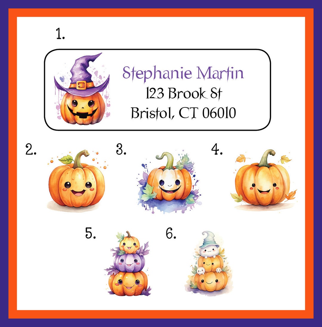 Cute HALLOWEEN PUMPKIN Address LABELS, Sets of 30, Pumpkins, Witch Hat, 30 Personalized Address ...