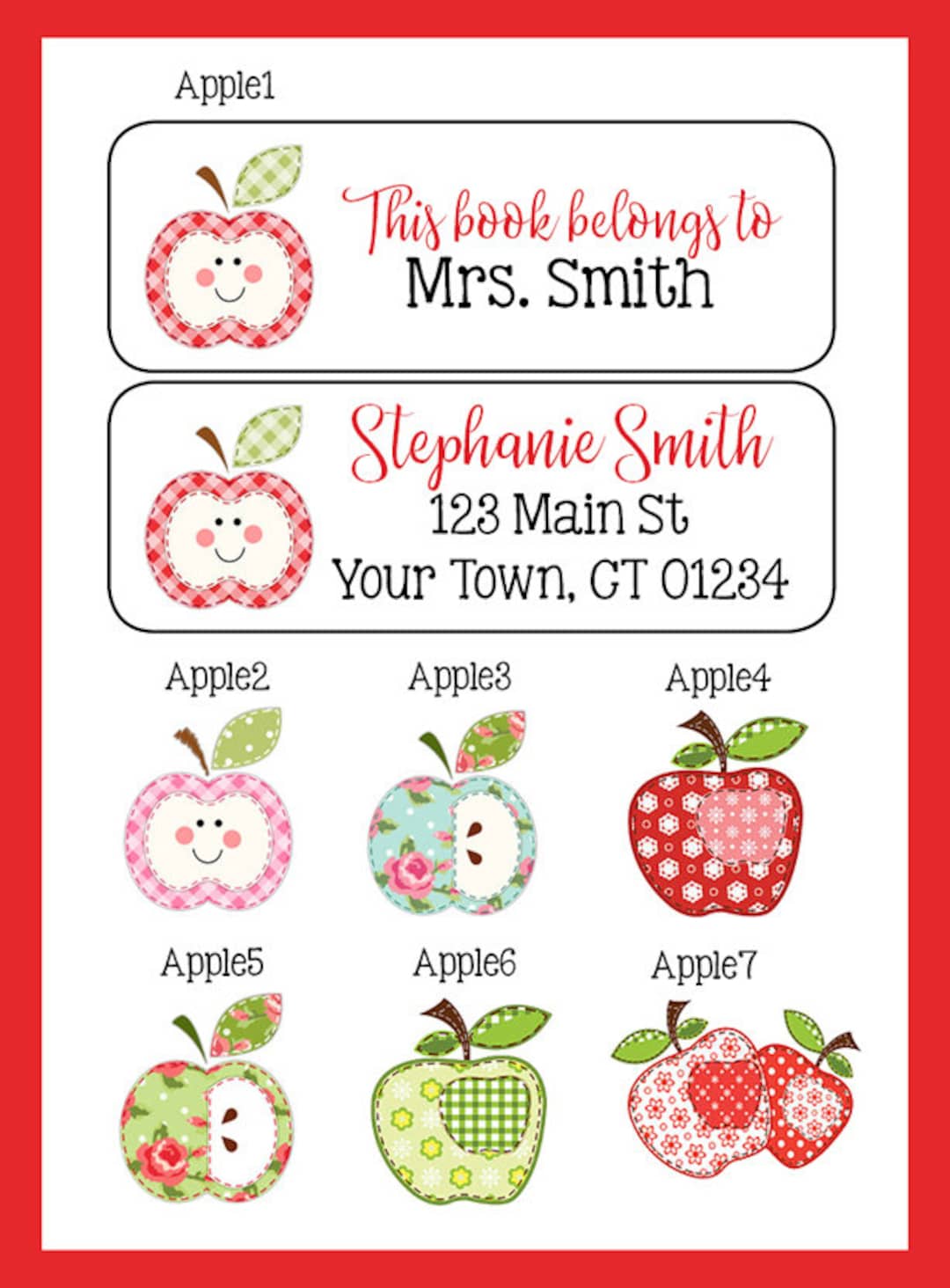 Personalized Teacher Book Labels or Address Labels, Patchwork Apples ...