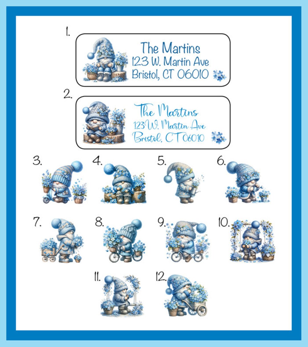 Personalized Forget-me-not Garden Gnomes Address Labels Blue Flowers ...