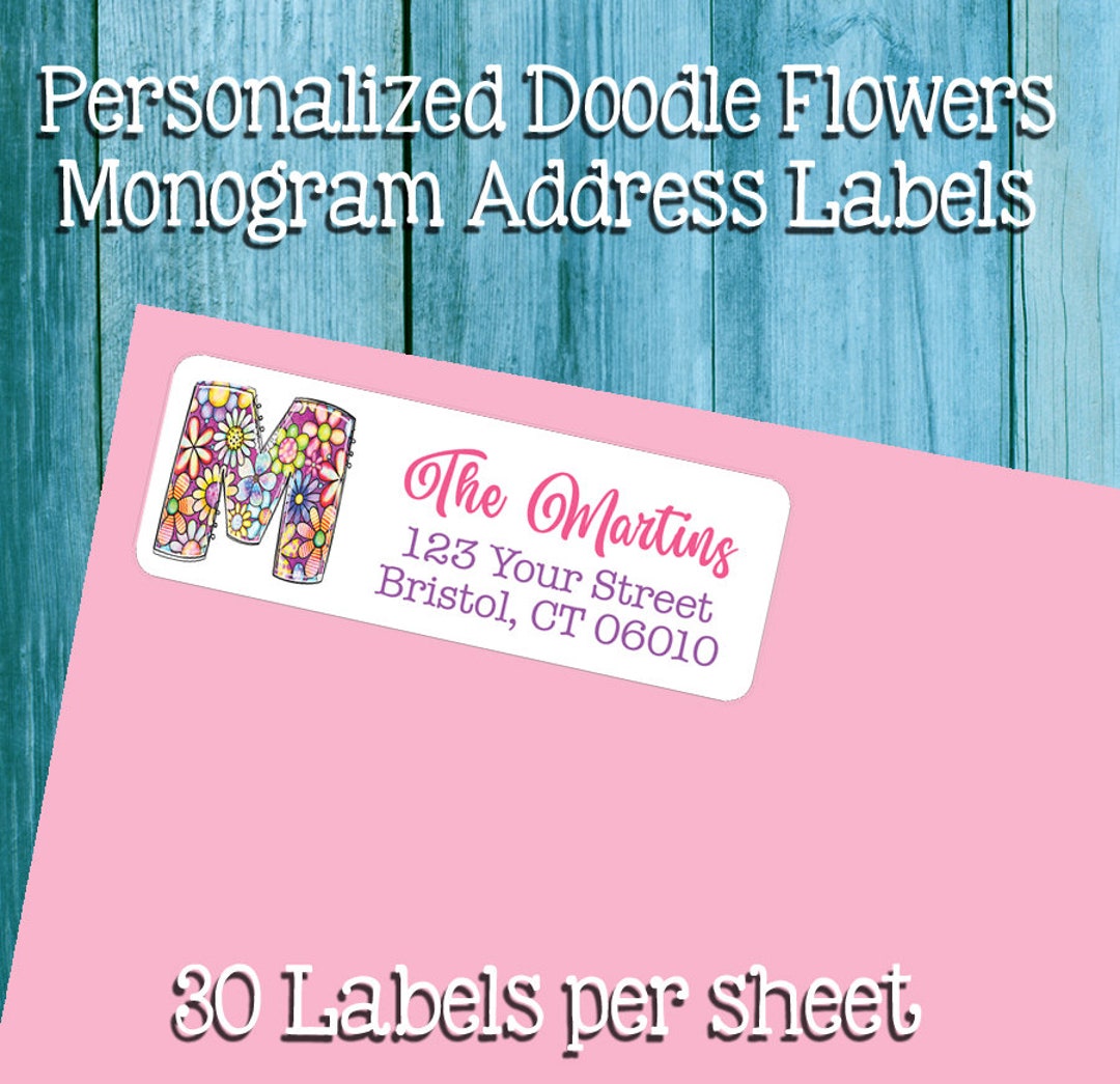 Personalized Address Labels Doodle FLORAL LETTERS Monogram, Sets of 30 ...
