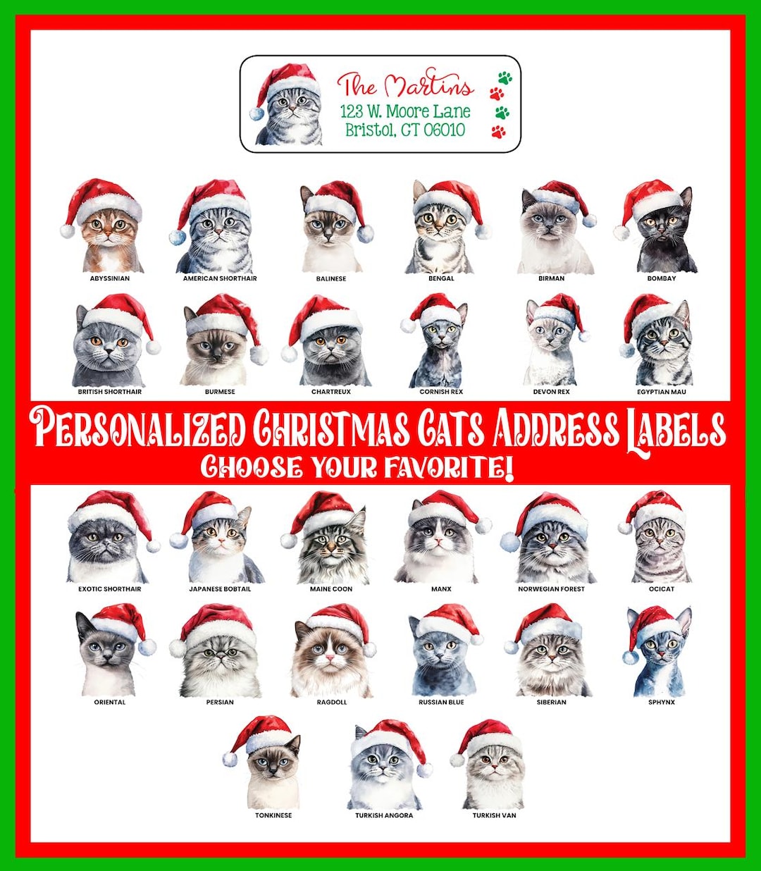 Personalized Christmas Cats With Santa Hats Address Labels Sets of 30 ...