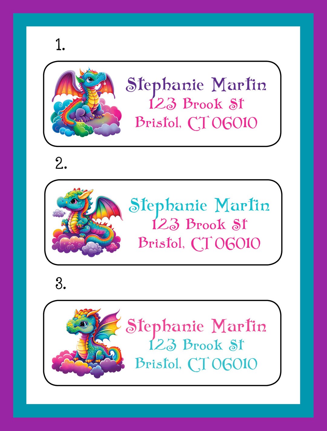 Personalized ADDRESS Labels RAINBOW DRAGONS, Sets of 30, Personalized ...