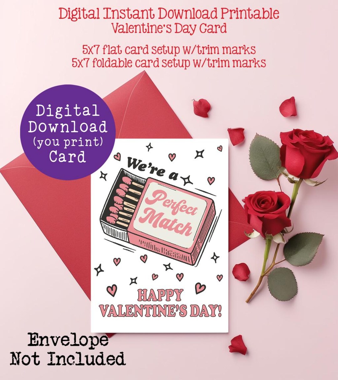 We're a Perfect Match, Valentine's Day Card, Digital Printable, Instant ...