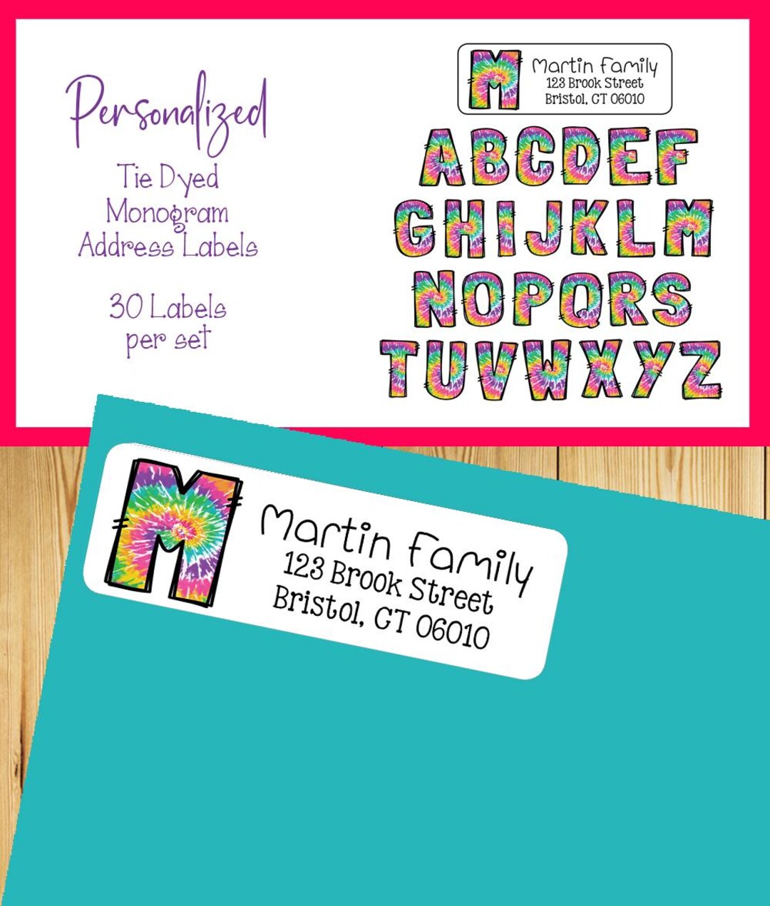 Personalized Tie Dye Monogram Address Labels: Custom Return Address ...