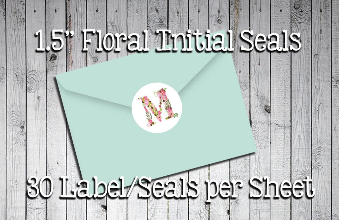 Floral Initial Round Envelope Seals 1 1/2" Round, Wedding, Engagement ...