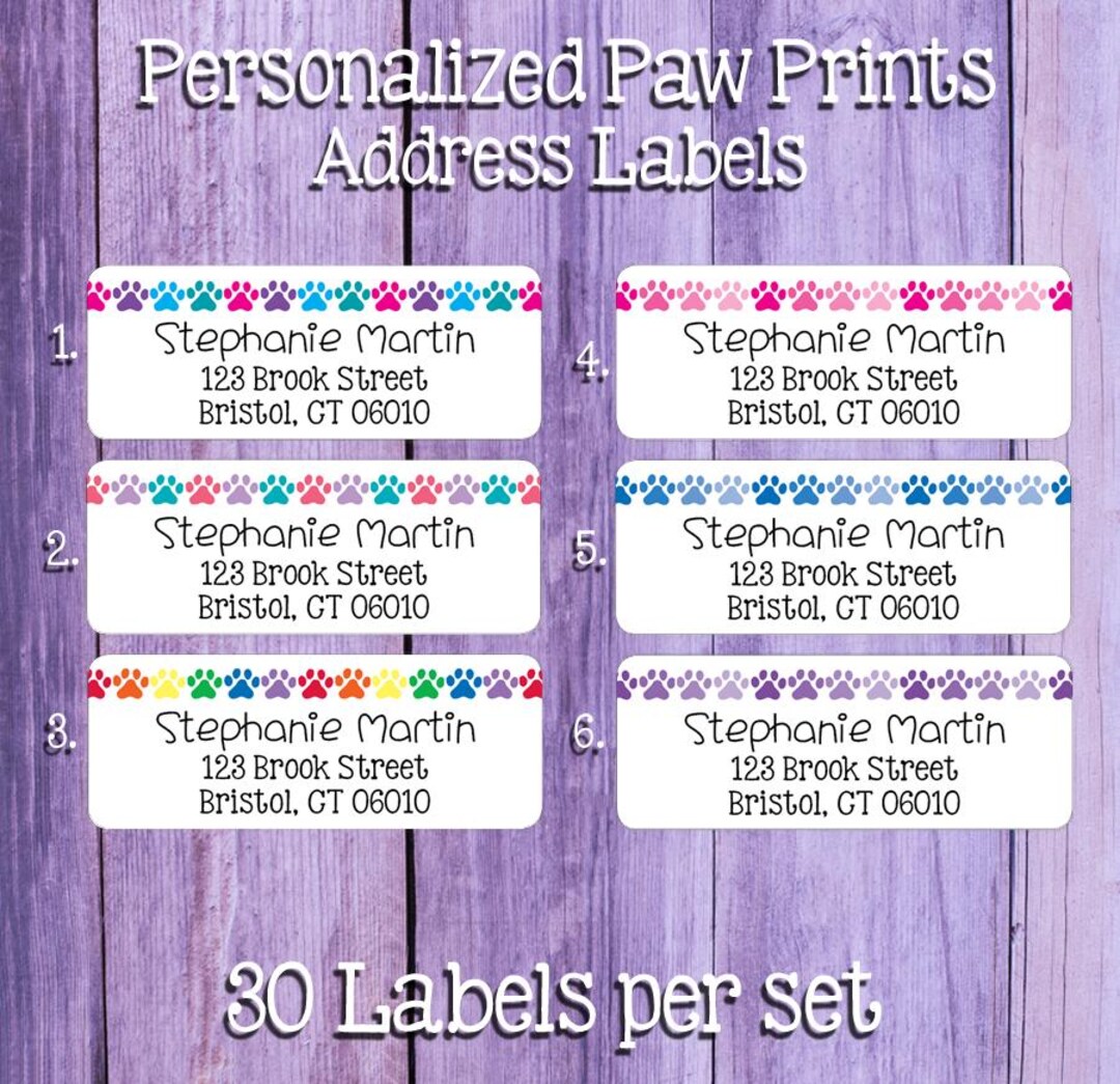 Multi-colored Paw Prints Address Labels, 30 Return Address Labels per ...