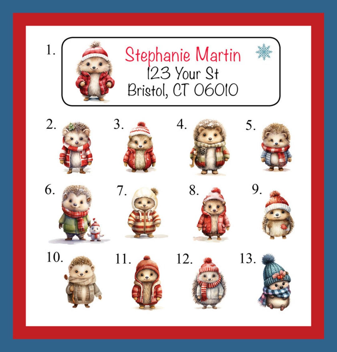 Winter Hedgehog Address Labels: Personalized Cozy Hat Design (set of 30 ...