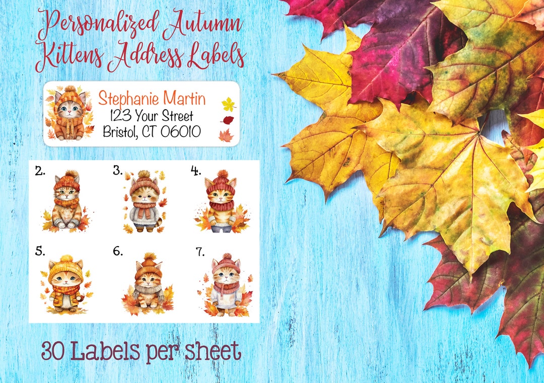 Cute Autumn Kittens Cats in Leaves Address Labels, Sets of 30, Cozy ...