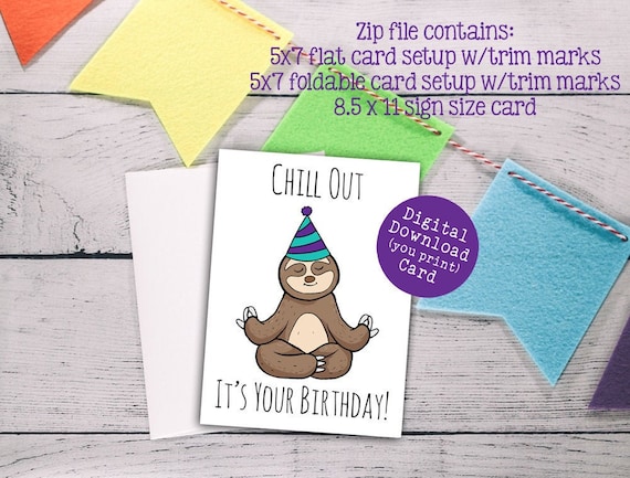 Cute SLOTH BIRTHDAY CARD Digital Printable Instant Download - Etsy