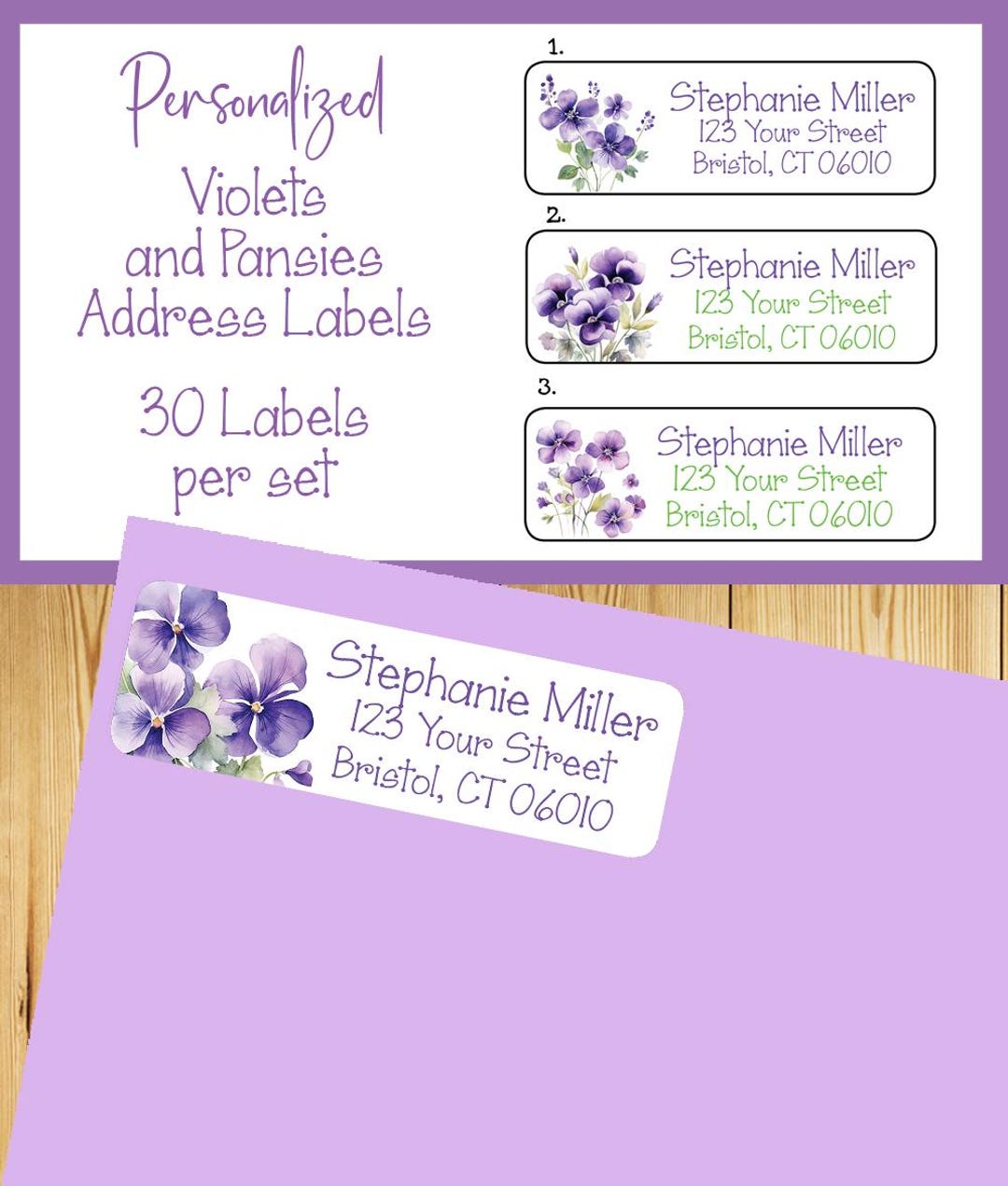 Purple Violets & Pansies Personalized Return Address Labels (set of 30 ...