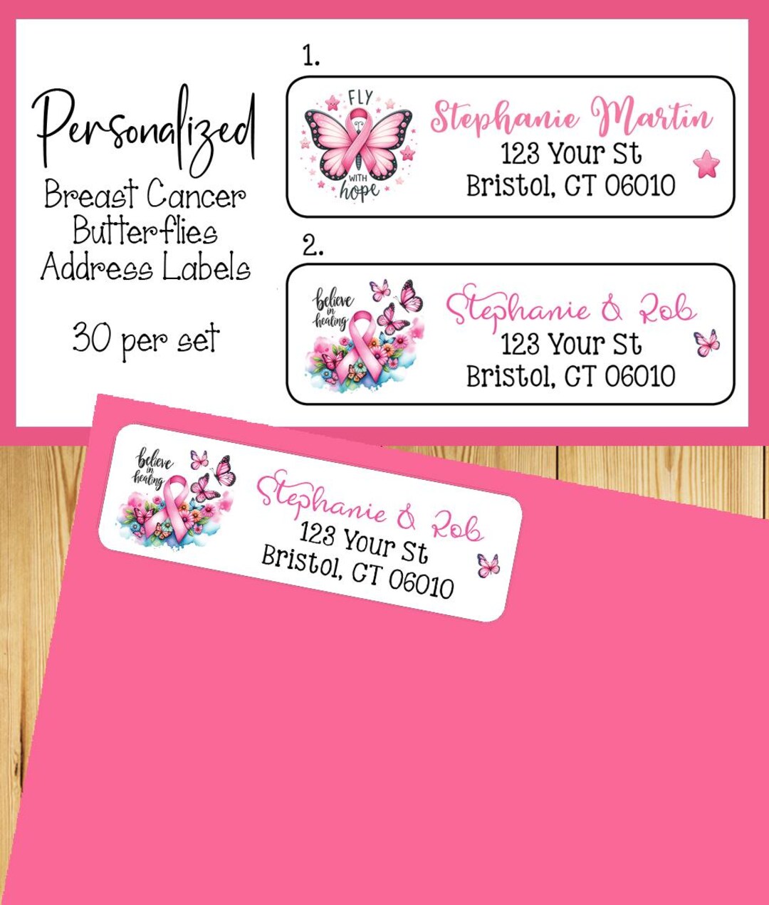 Breast Cancer Awareness Address Labels: Ribbon & Butterflies ...