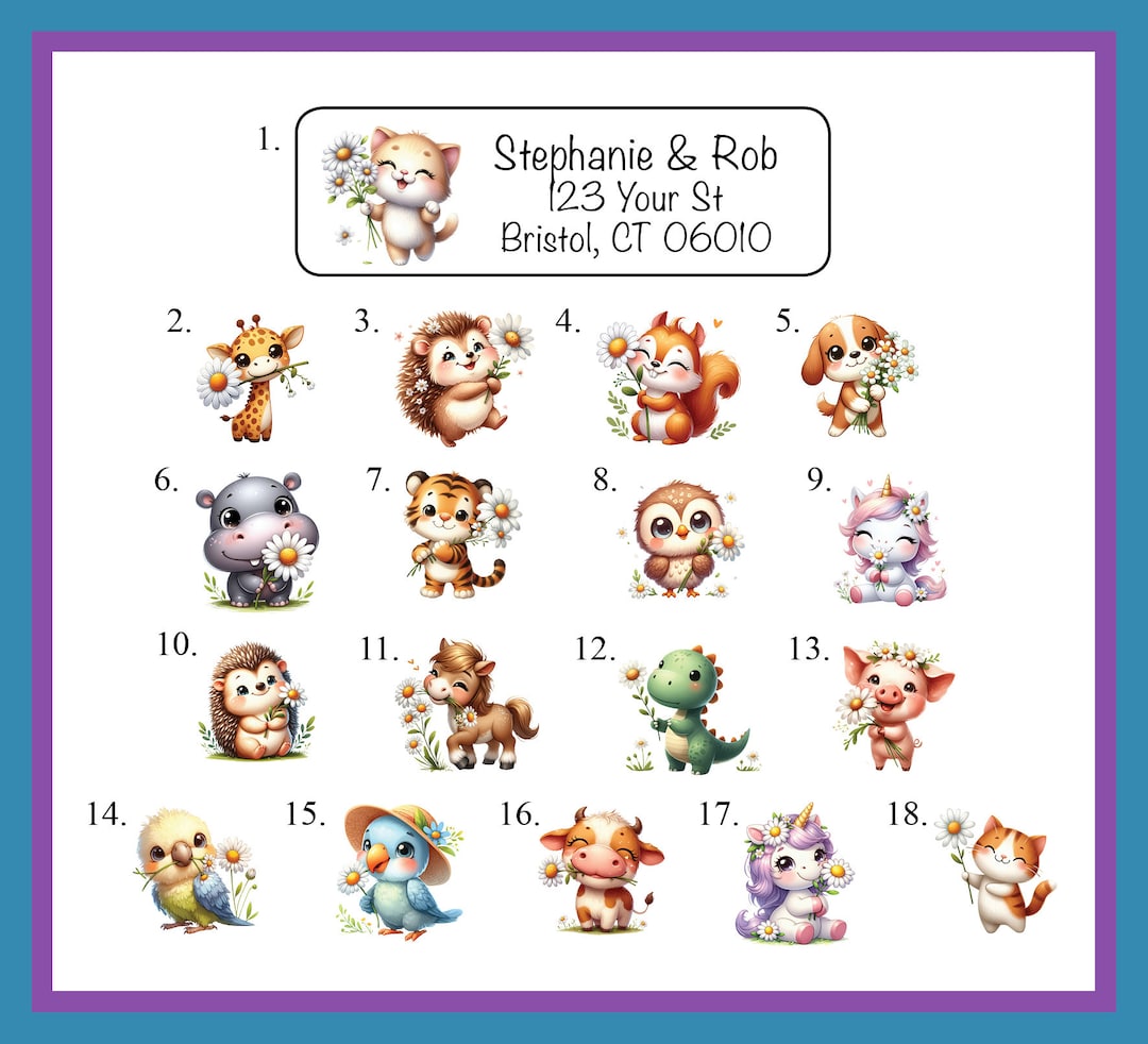 Personalized Cute Animals and Daisies Address Labels (set of 30) - Etsy