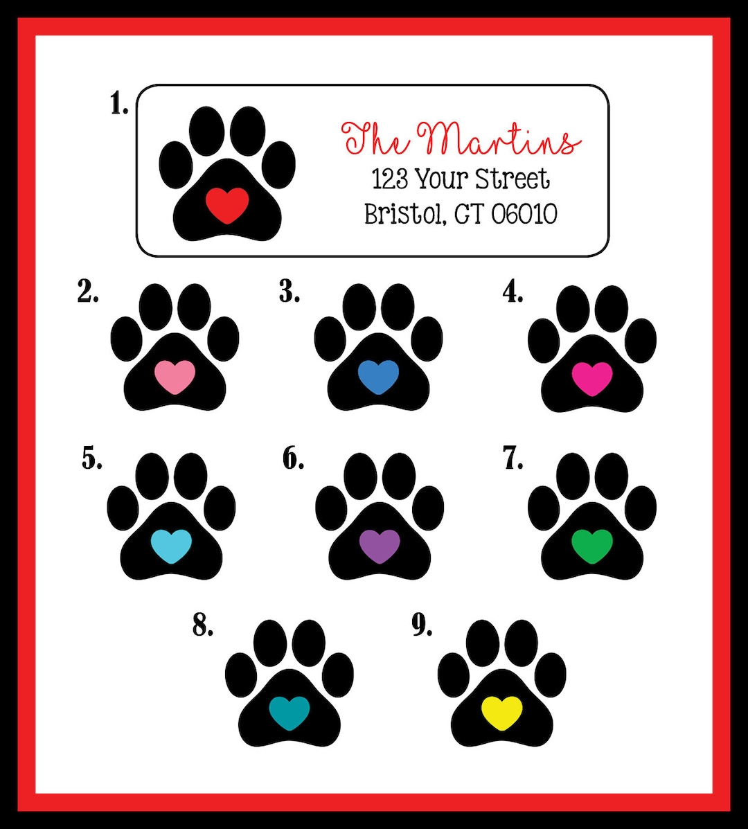 Heart Paw Prints Personalized Return Address Labels, Dog, Cat, Sets of ...