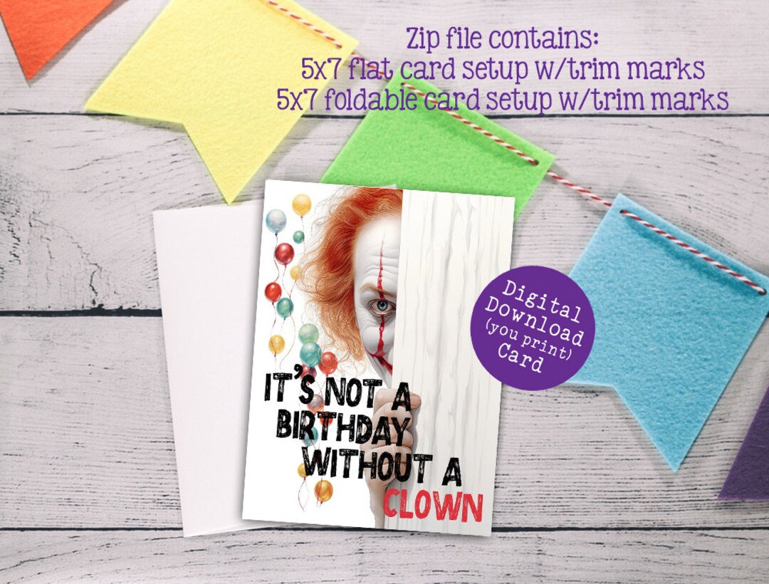 Scary Clown Birthday Card, Digital Printable, Instant Download, 2 Style ...