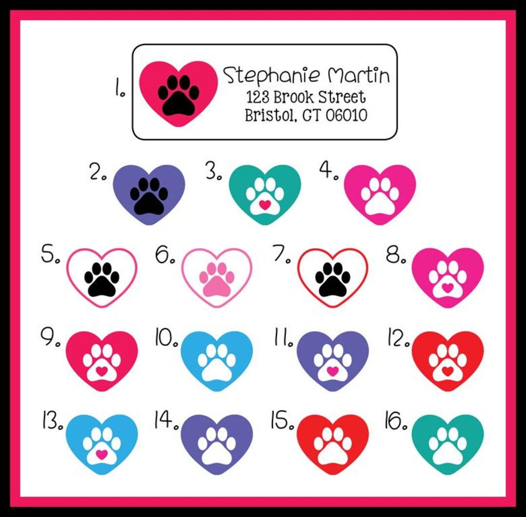 Paw Print Hearts Personalized Return Address Labels, Dog, Cat, Sets of ...