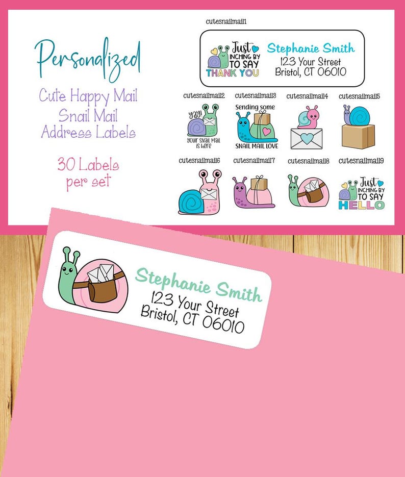 Personalized Snail Mail Address Labels, 30 per Sheet, Snails, Happy ...
