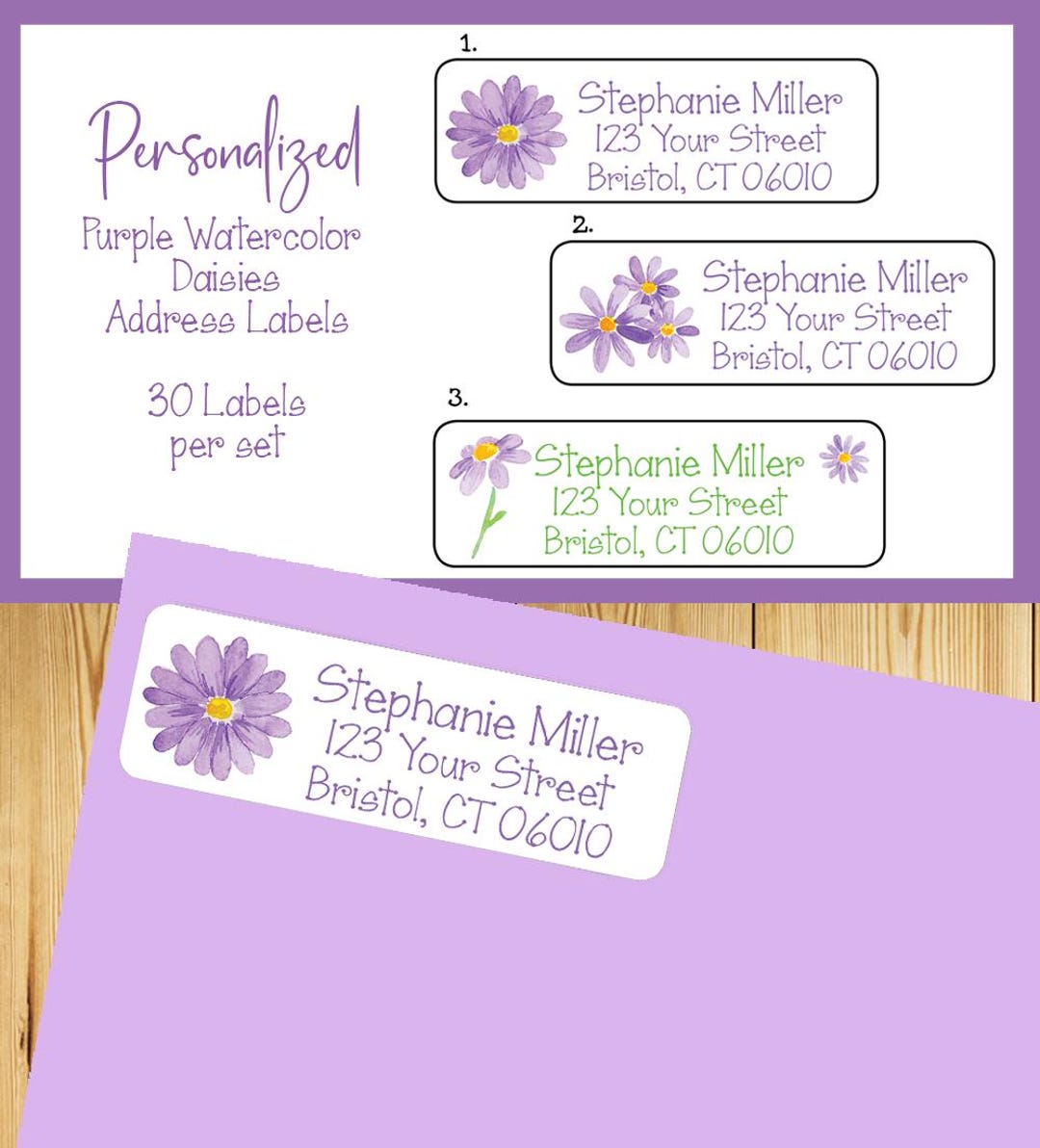 Purple Watercolor Daisy Address Labels: Personalized Return Address, Set of 30 - Etsy
