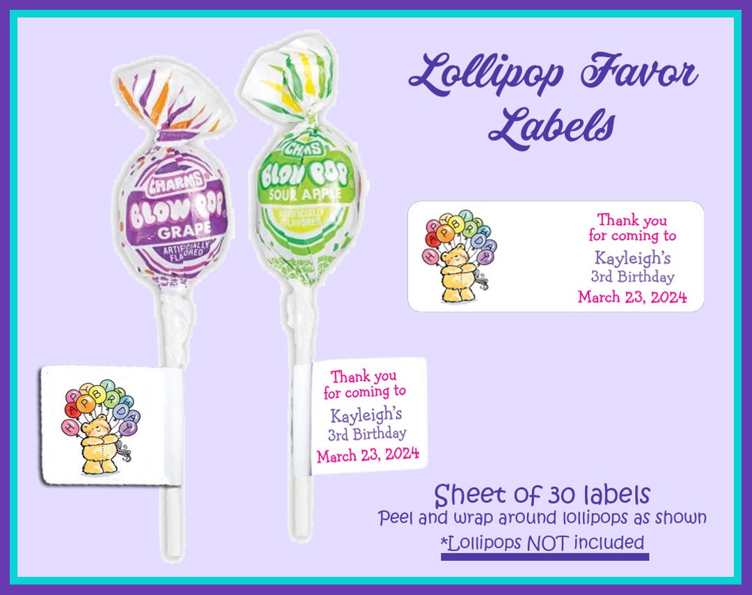 Lollipop Birthday Favor Labels, Party Favor Labels, Birthday Favor ...