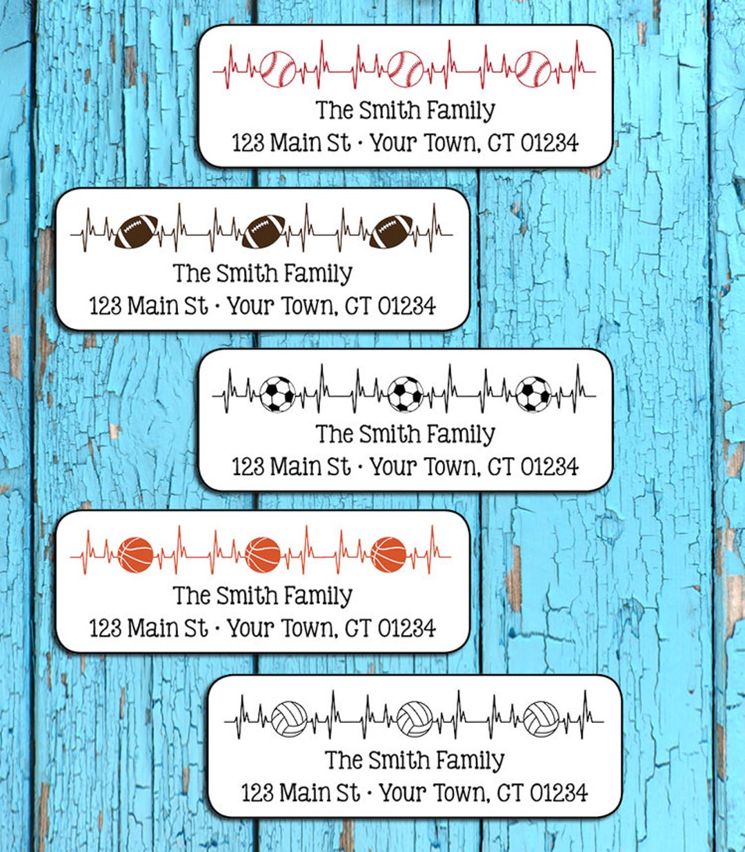 SPORTS HEARTBEAT ADDRESS Labels, Sets of 30 Personalized Labels, Back ...