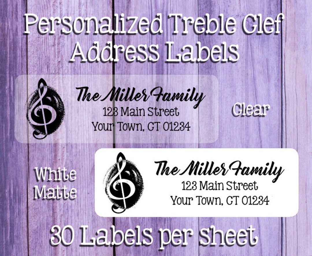 TREBLE CLEF Return Address Labels, White, or Clear Labels, Sets of 30 ...