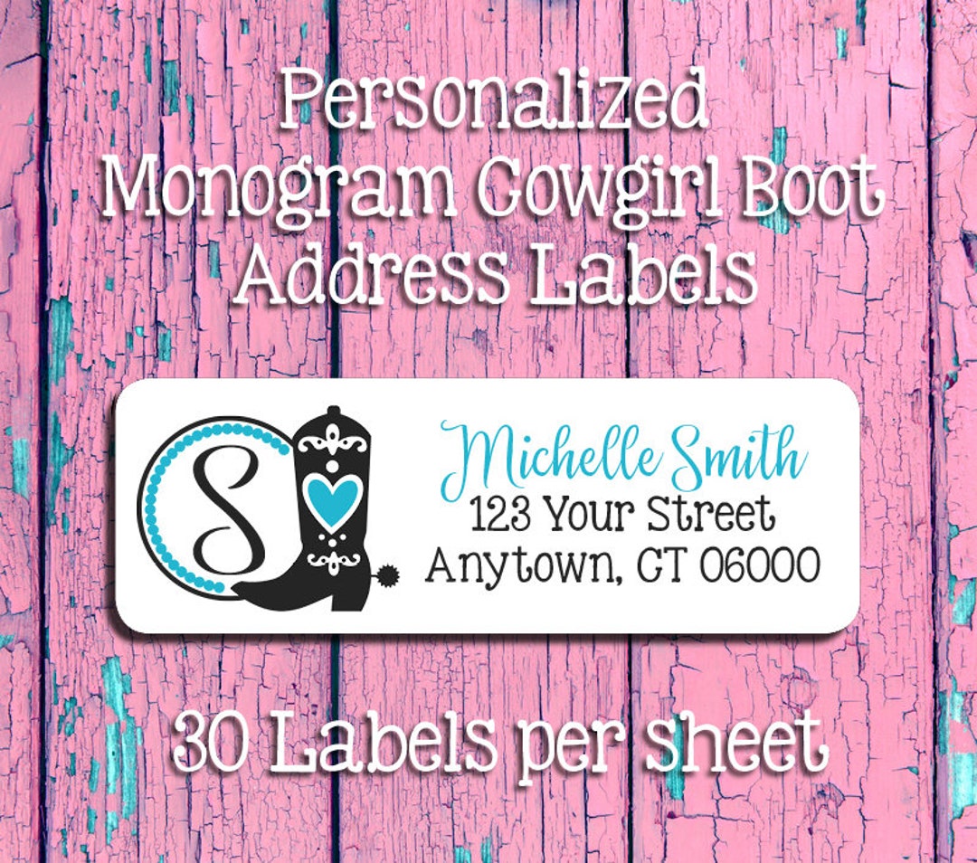 Personalized Cowgirl Boot Monogram Address Labels, Country, Sets of 30 ...