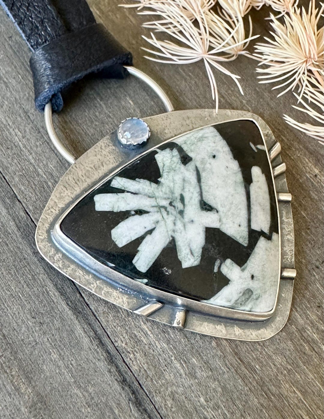 26-018 / Chinese Writing Stone and Silver With Moonstone Accent ...