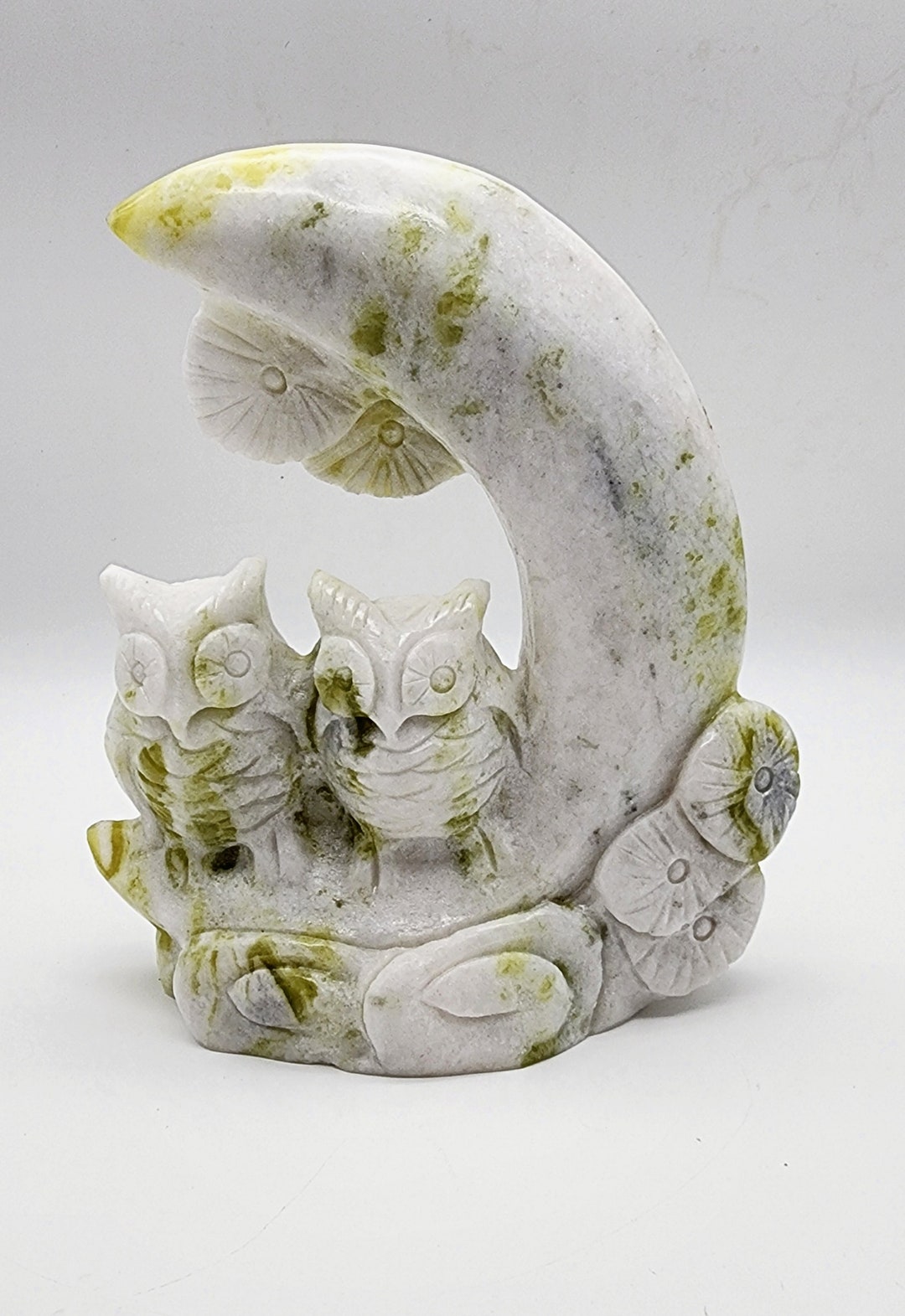 Xiuyan Jade Owls on Crescent Moon, Hand-carved Jade Gemstone Carving ...