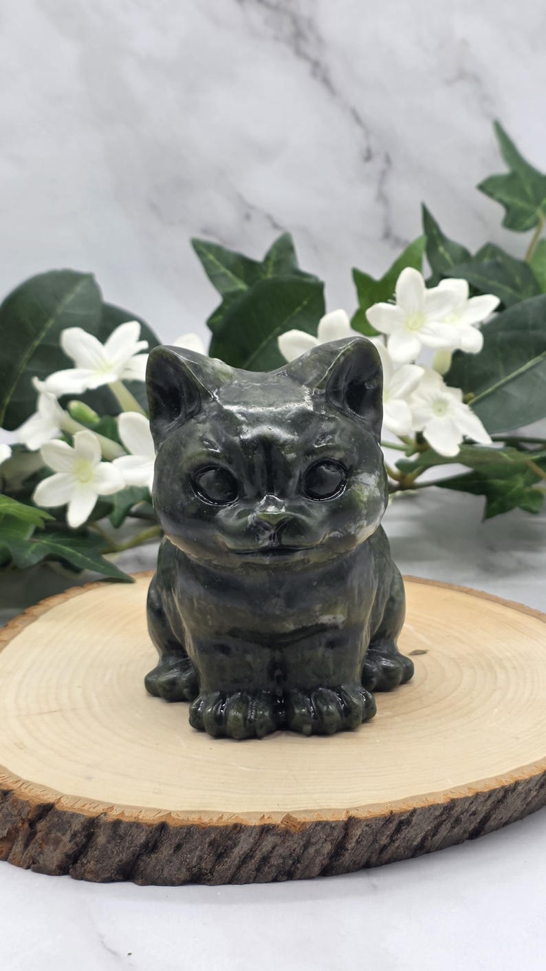 Hand-carved Xiuyan Jade Cat Statue | Deep Forest Green Kitty Figurine ...