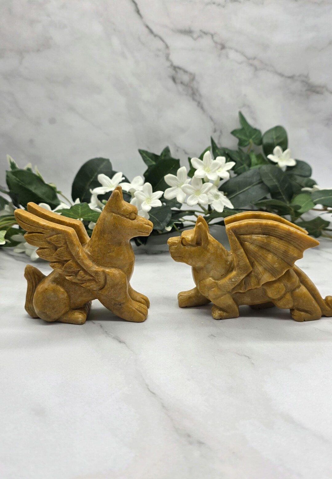 Yellow Jade Griffin Pair Carving | Mythical Guardian Statue Set ...