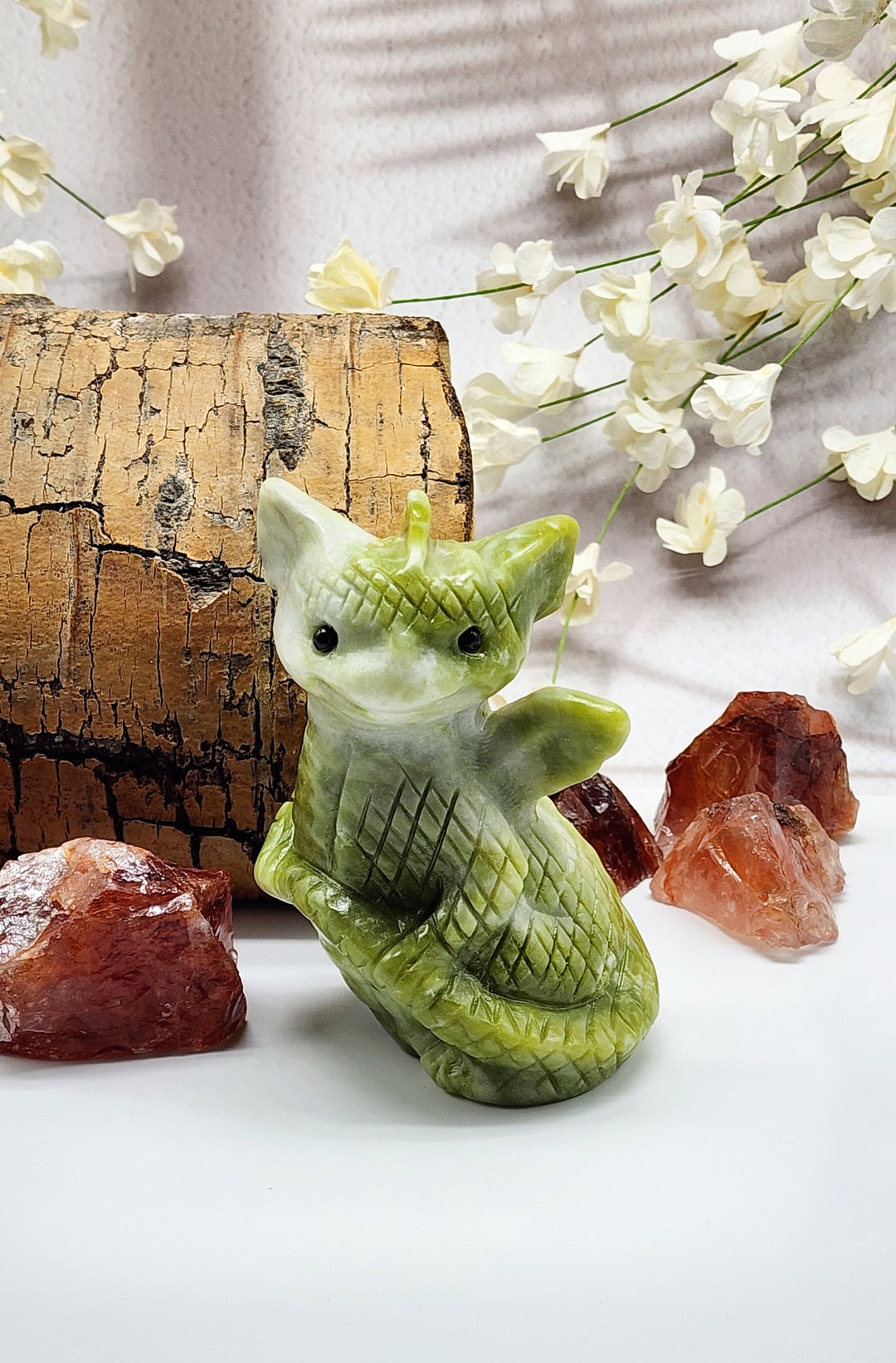 Xiuyan Jade Adorable Baby Dragon Figurine, Hand Carved, Good Luck ...