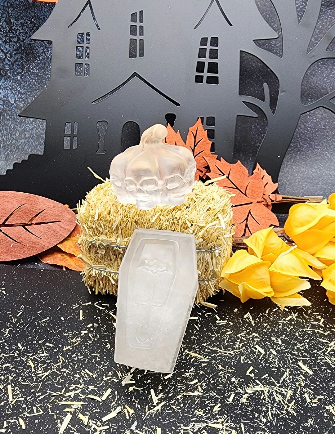 Clear Quartz Halloween Decor Set, 1 Coffin/casket 1 Skull Pumpkin ...