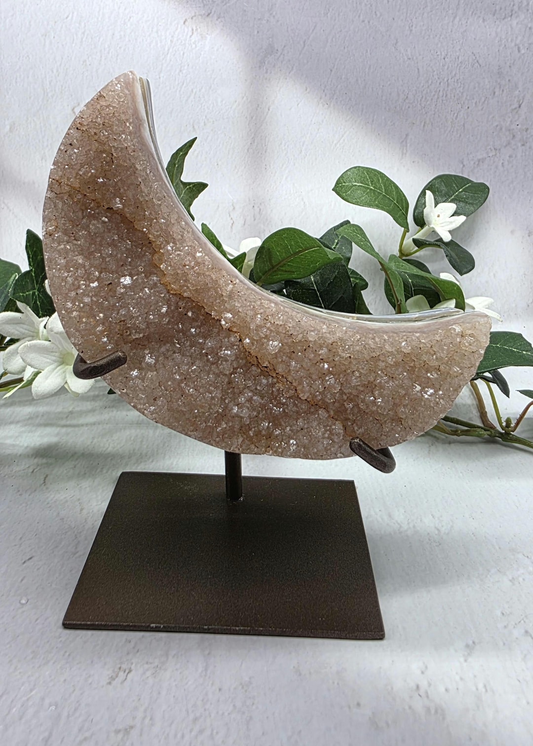 Pink Amethyst Crescent Moon on Stand • Natural Agate Druzy Carving From ...