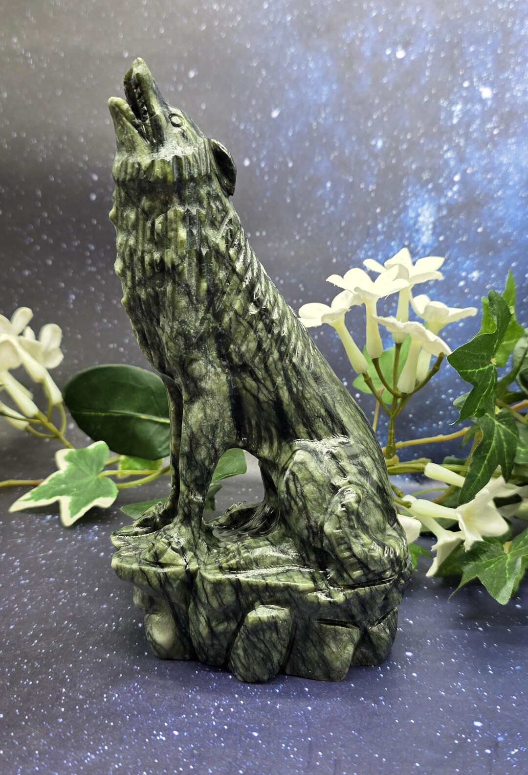 Xiuyan Jade Howling Wolf Carving • Hand Carved Jade Wolf Statue ...