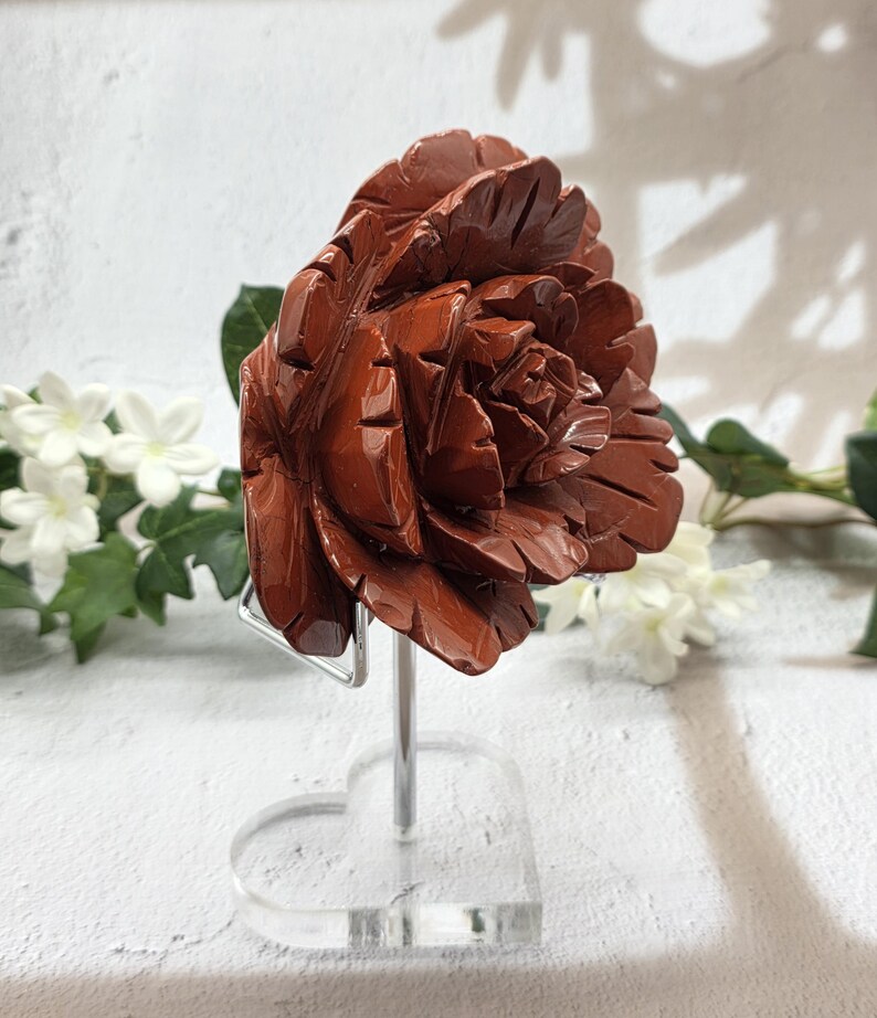 Red Jasper Flower Carving on Acrylic Heart Stand, Hand Carved Crystal ...