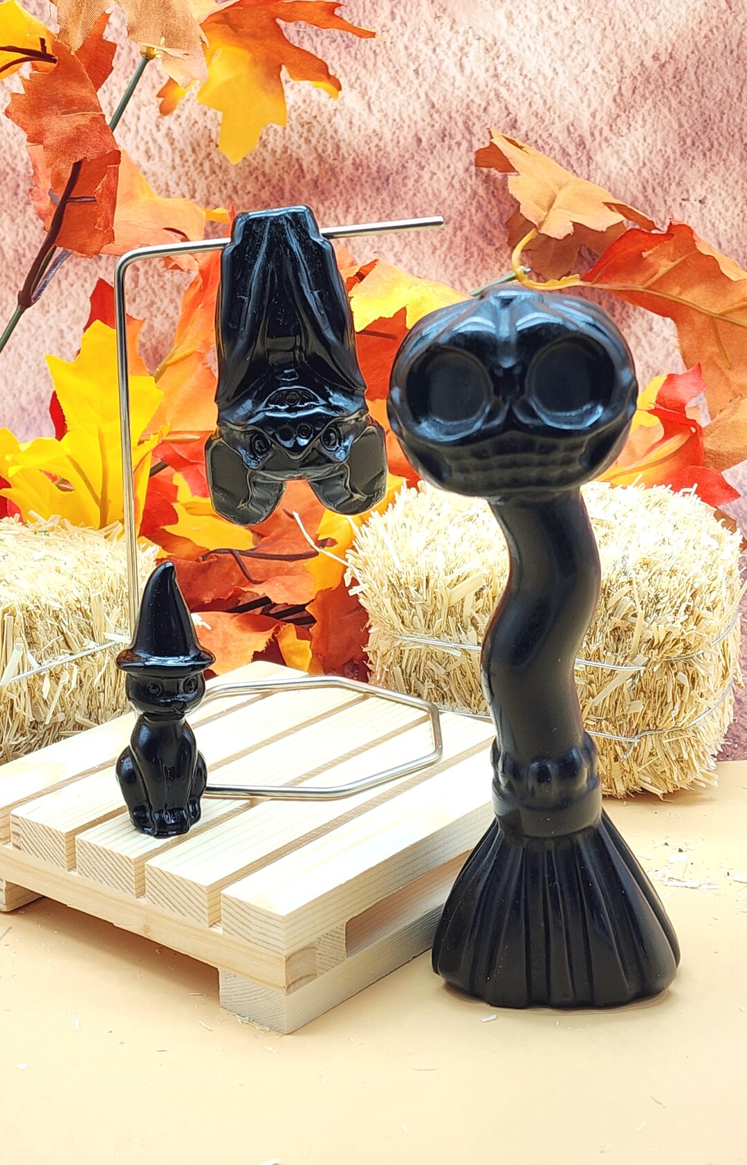 Hand-carved Black Obsidian Set: Witch Broom, Bat, Cat - Gothic ...