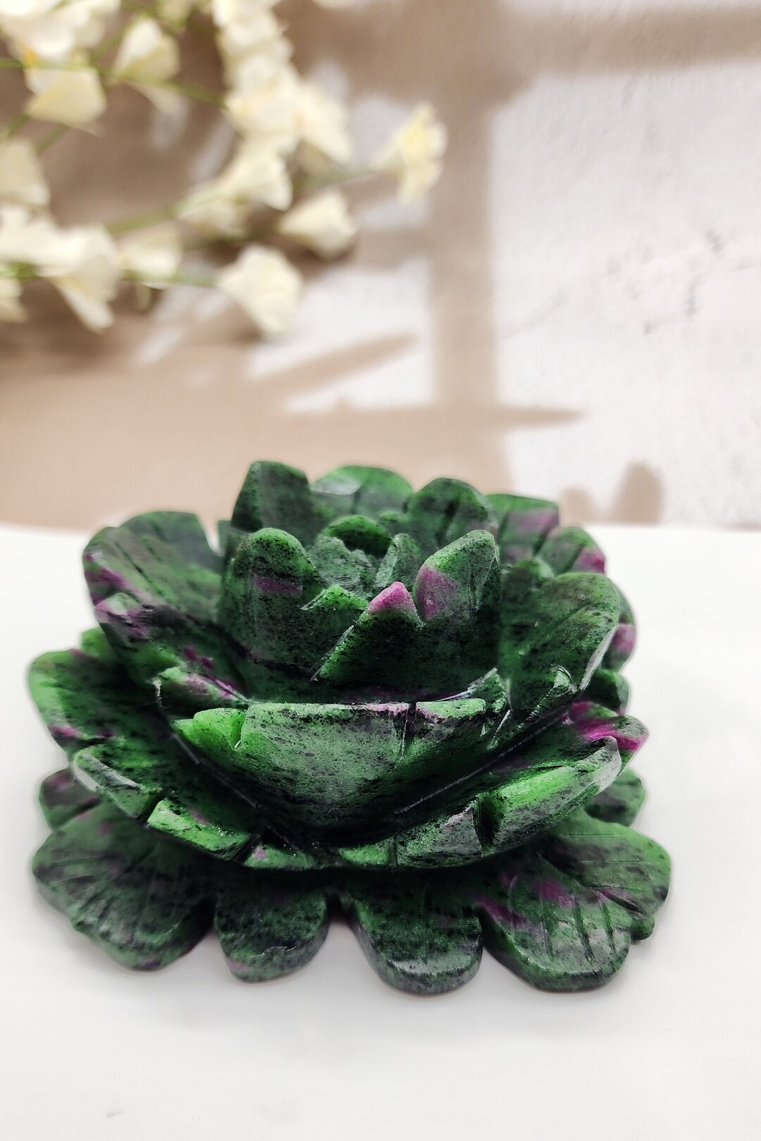 Ruby Zoisite Hand Carved Lotus Flower Large Statement Piece, Gemstone ...