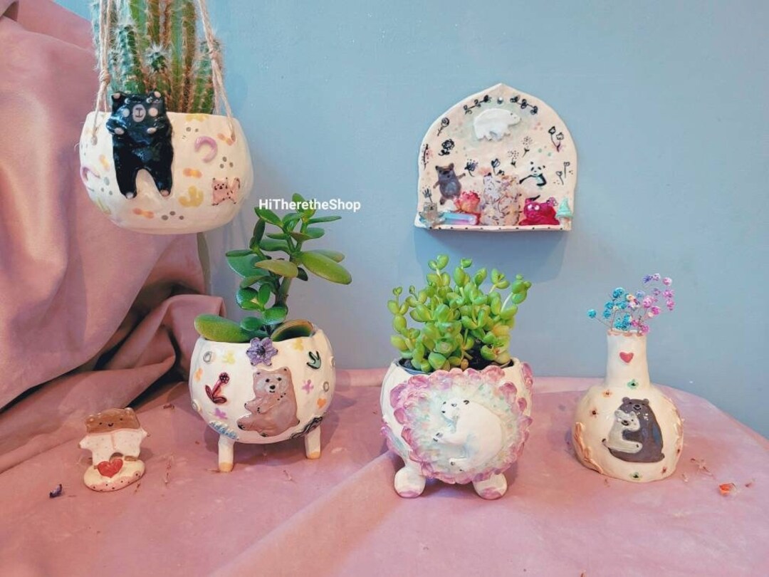 The Enchanted Bears! Handmade Ceramic Hanging Planter Succulent Cactus ...