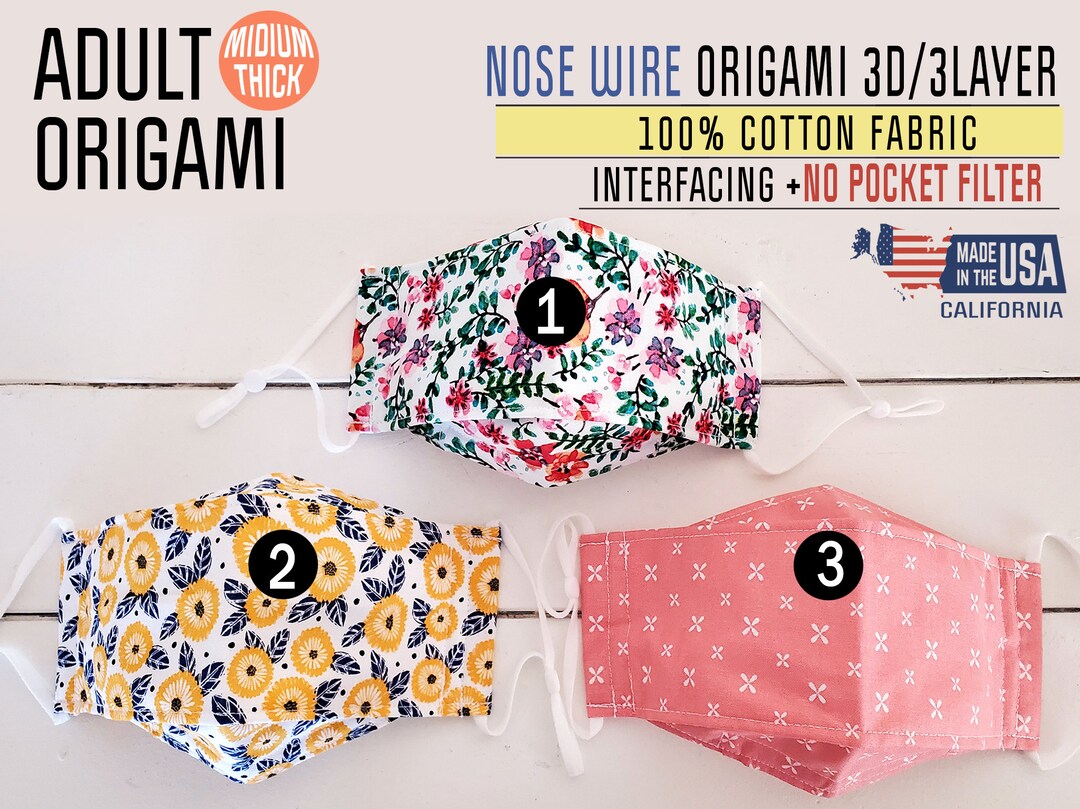 3d Origami With Nose Wire Adult Cotton Face Mask 3layer/gift for Her ...