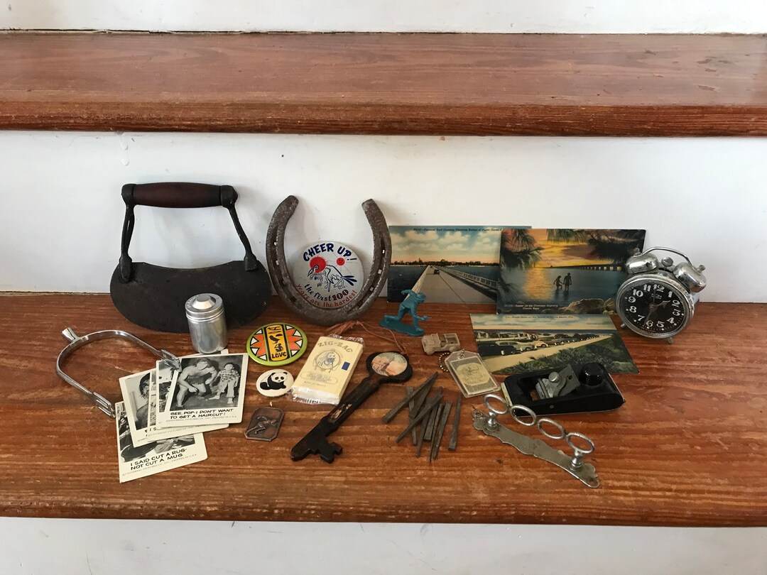 Junk Drawer Lot - Vintage Group of Items - Pinbacks Postcards, Horse ...