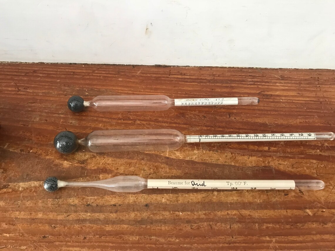 Antique French Glass Hydrometers (3) and Wooden Storage Box - Baume ...