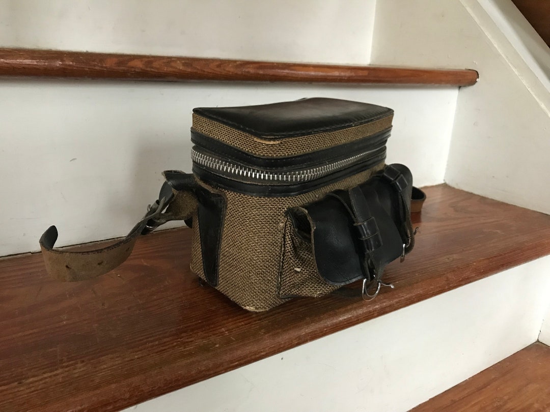 1960s Camera Bag - Gold Crest Leather and Tweed Bag - - Etsy