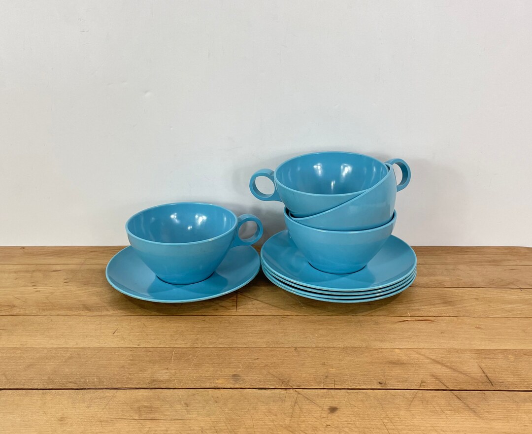 Coffee Cups and Saucers in Turquoise Blue Melmac , 9 Pieces 4 Cups and ...