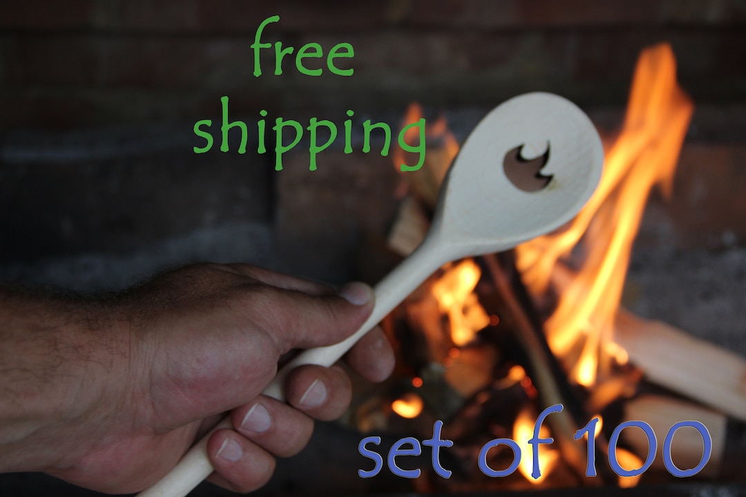 Set of 100 Spoons With Cut Out Burning Flame, Bbq Gift, Long Wood Spoon ...