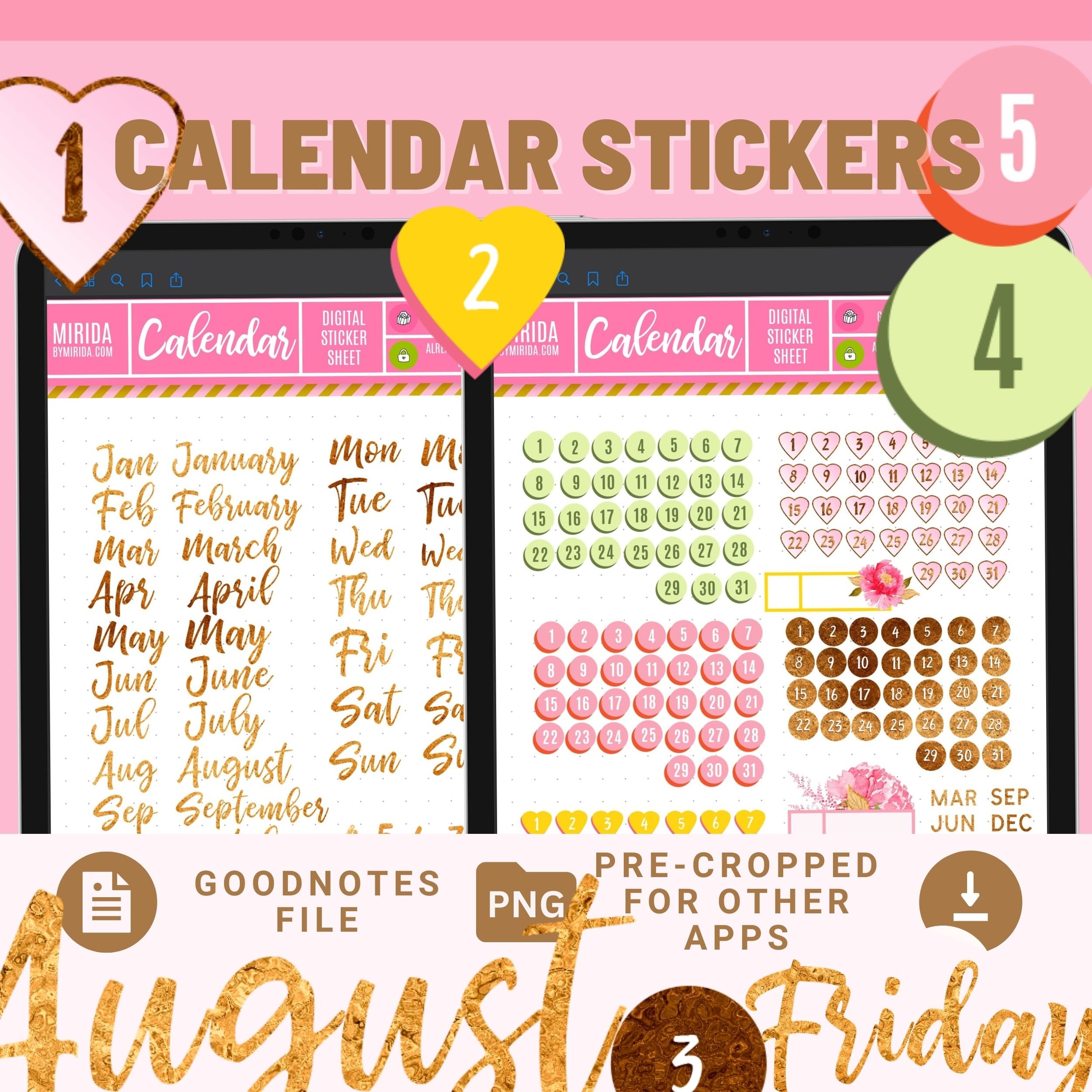 CALENDAR Stickers Goodnotes Numbers Digital Stickers MONTHS & WEEKDAYS ...