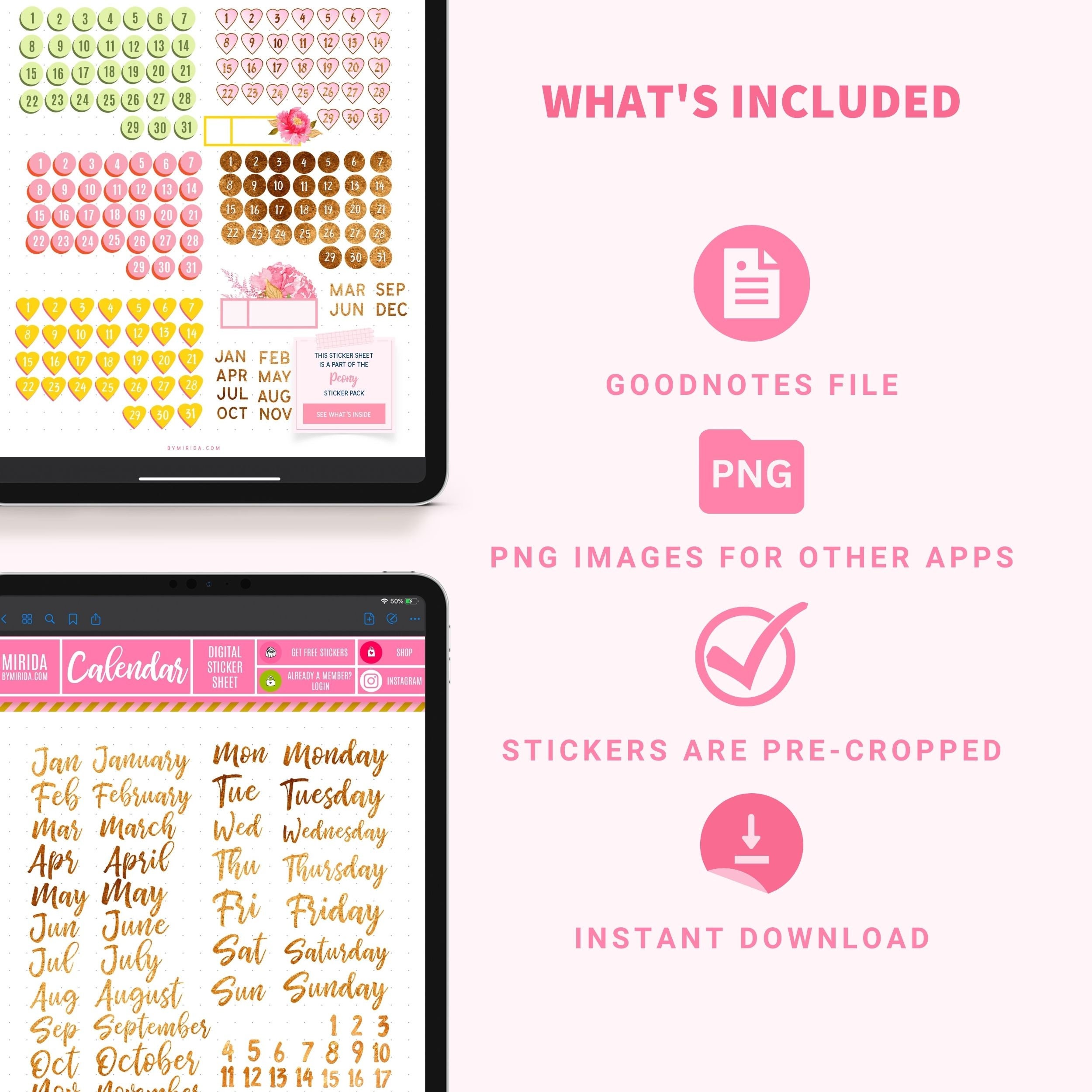 CALENDAR Stickers Goodnotes Numbers Digital Stickers MONTHS & WEEKDAYS ...