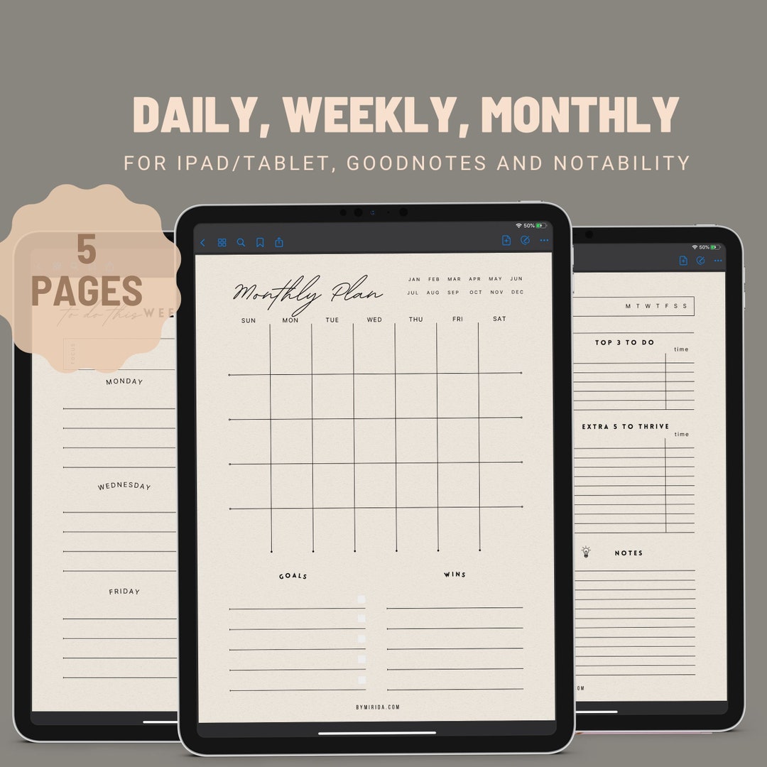 Goodnotes Monthly Planner Weekly Daily Template Digital Undated iPad ...