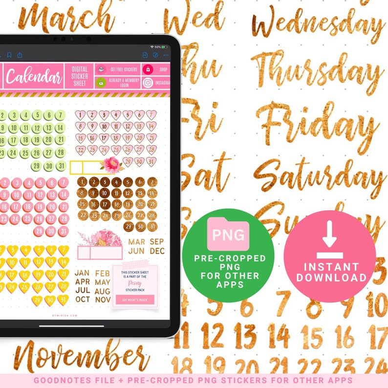 CALENDAR Stickers Goodnotes Numbers Digital Stickers MONTHS & WEEKDAYS ...