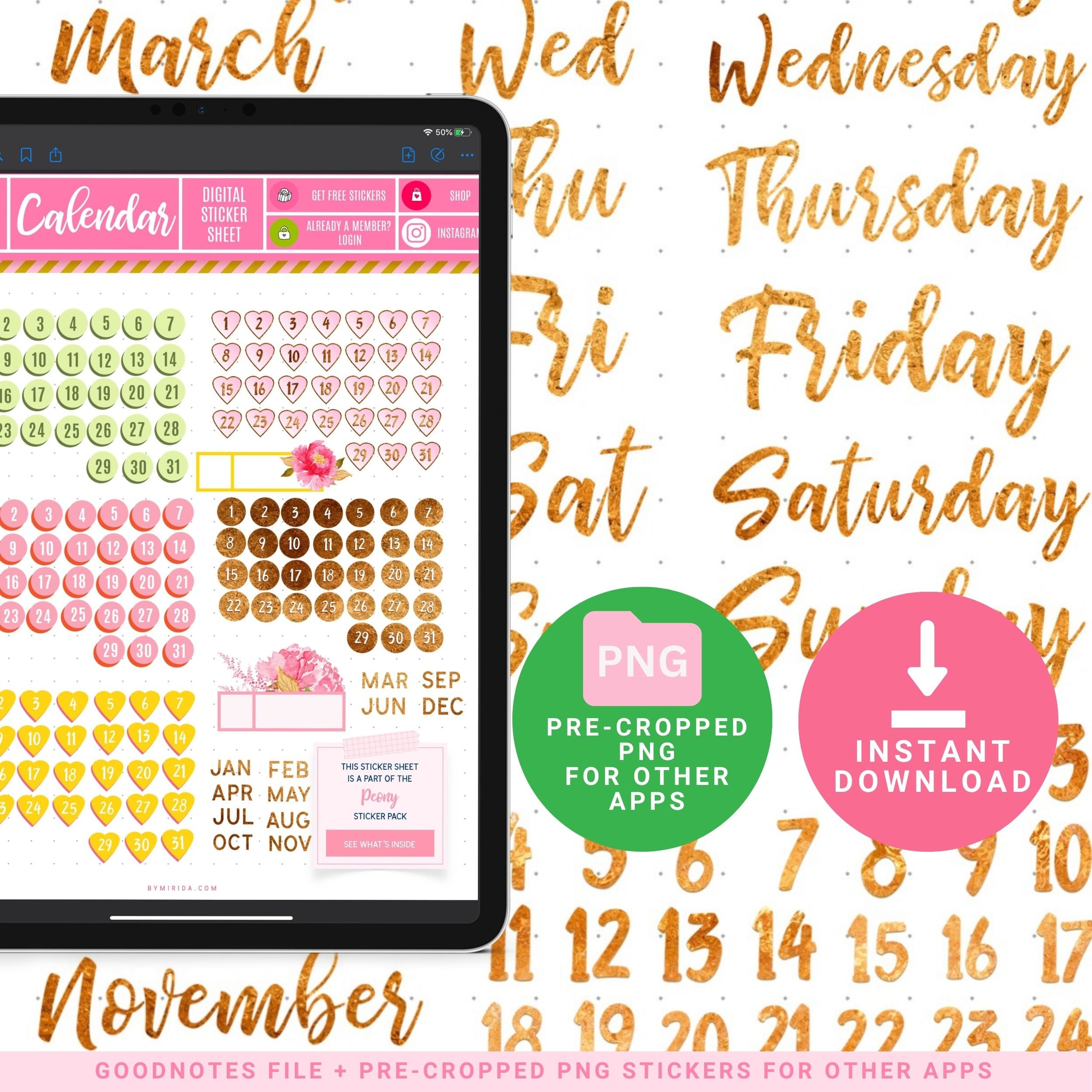 CALENDAR Stickers Goodnotes Numbers Digital Stickers MONTHS & WEEKDAYS ...